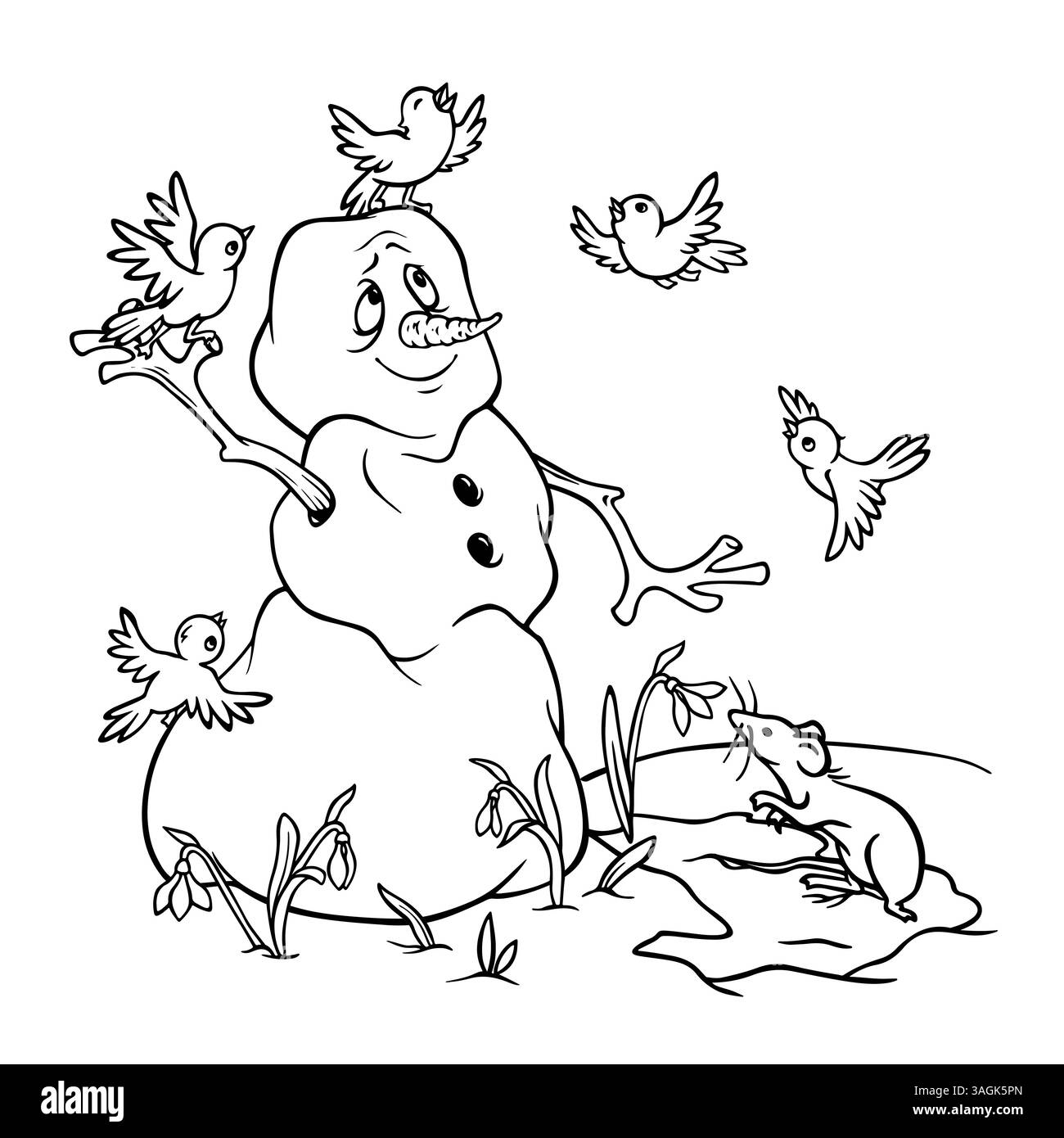 Melting snowman rejoices at the arrival of spring and the primroses ...