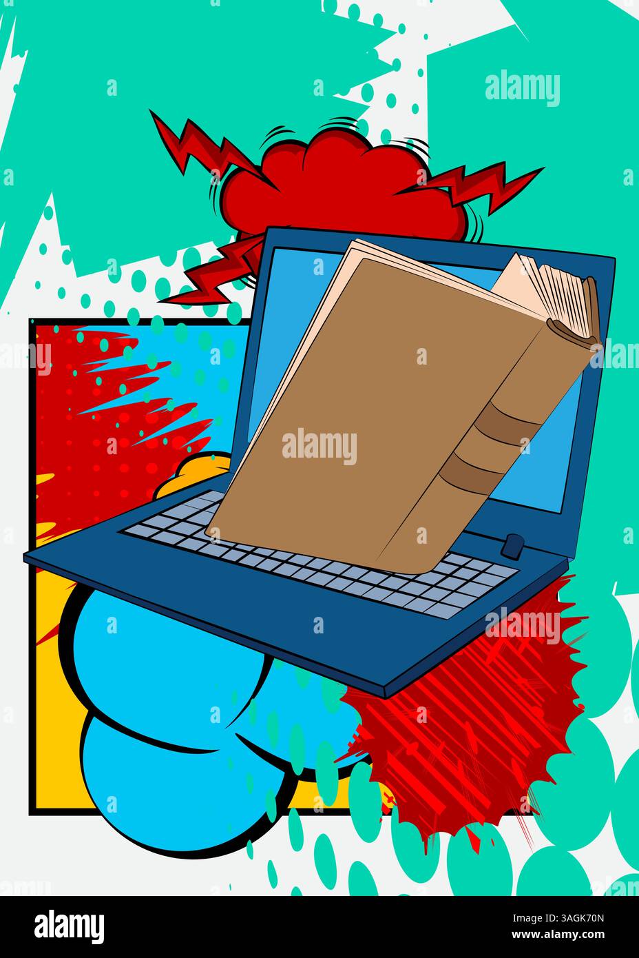 Cartoon Laptop, comic book Notebook with Book. Retro vector comics pop ...