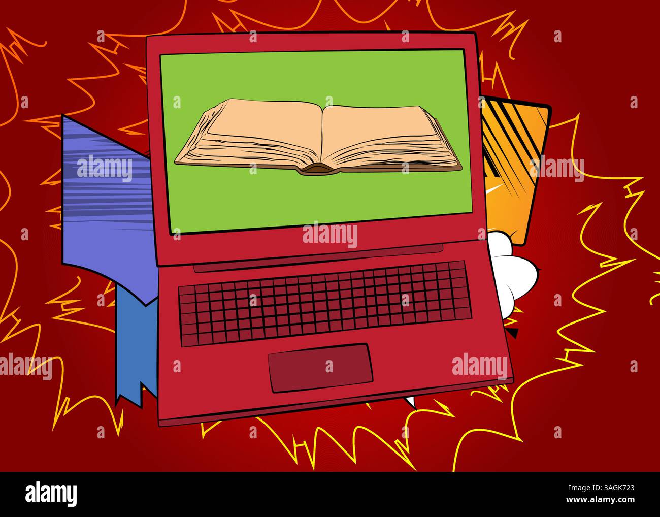 Cartoon Laptop, comic book Notebook with Book. Retro vector comics pop ...