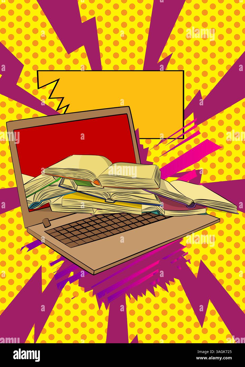 Cartoon Laptop, comic book Notebook with Book. Retro vector comics pop ...