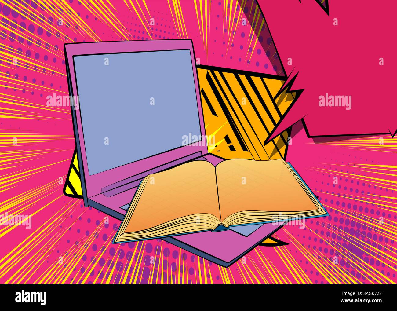 Cartoon Laptop, comic book Notebook with Book. Retro vector comics pop ...