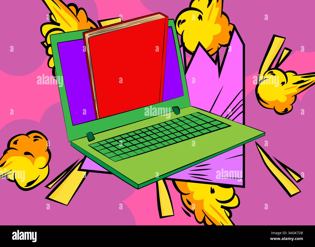 Cartoon Laptop, comic book Notebook with Book. Retro vector comics pop ...