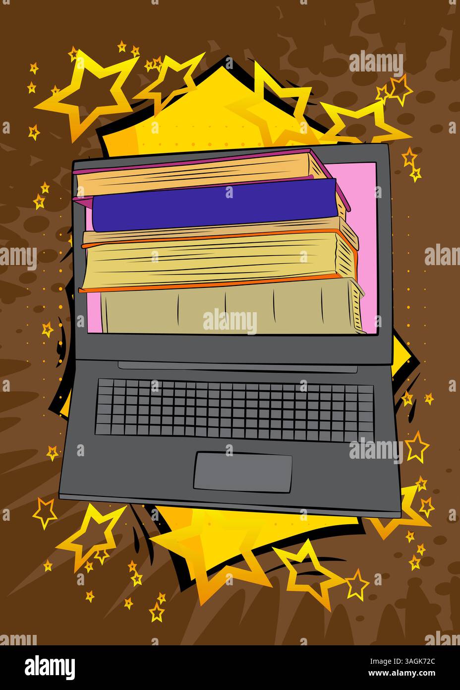 Cartoon Laptop, comic book Notebook with Book. Retro vector comics pop ...