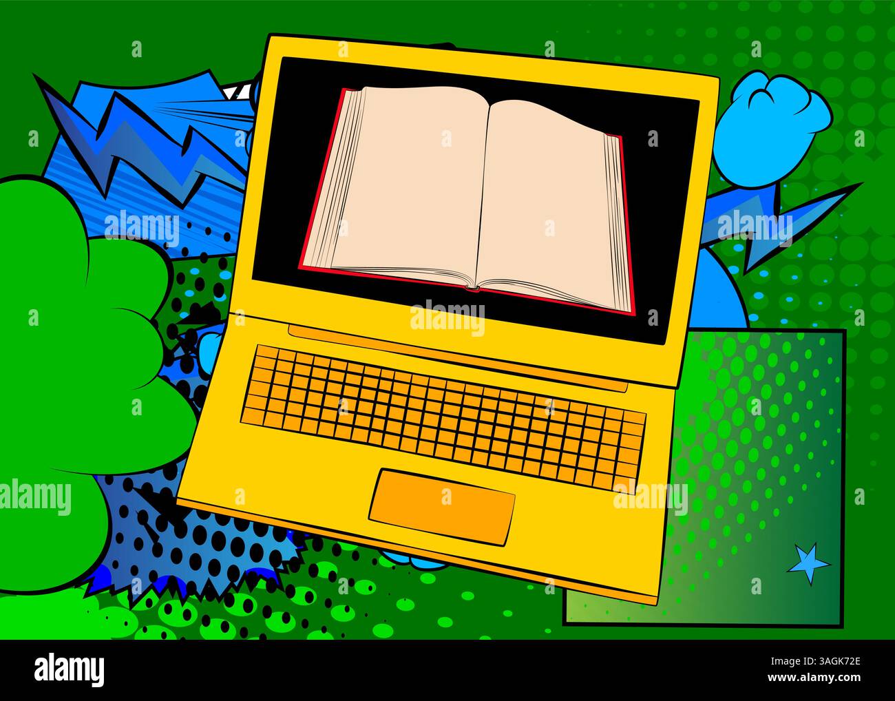 Cartoon Laptop, comic book Notebook with Book. Retro vector comics pop ...