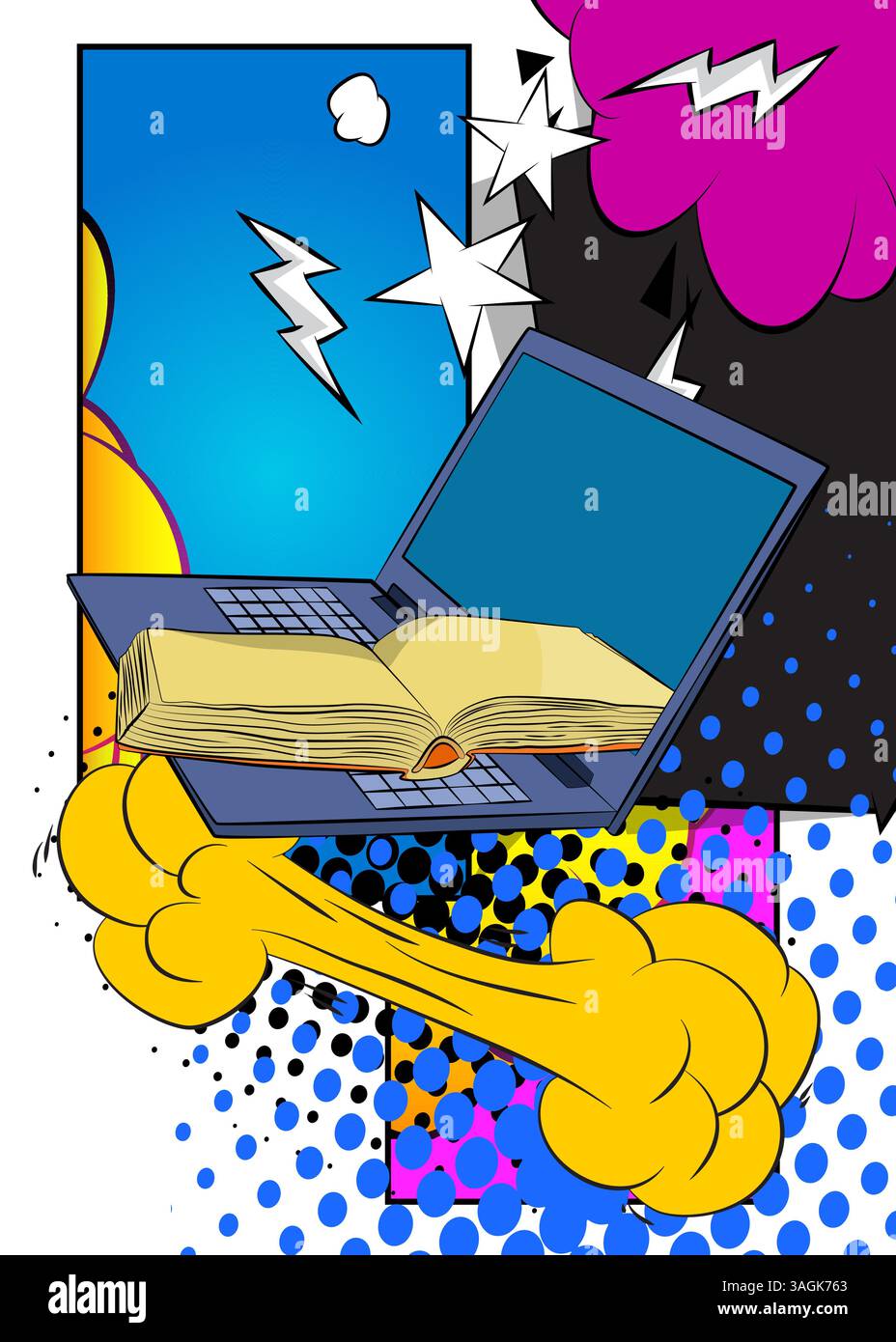 Cartoon Laptop, comic book Notebook with Book. Retro vector comics pop ...