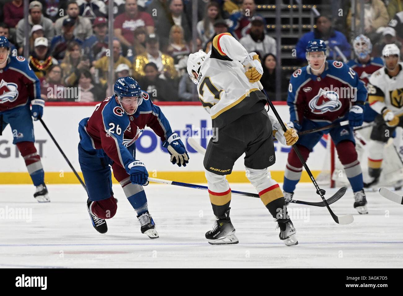 Colorado Avalanche left wing Jimmy Vesey (26) defends against Vegas ...