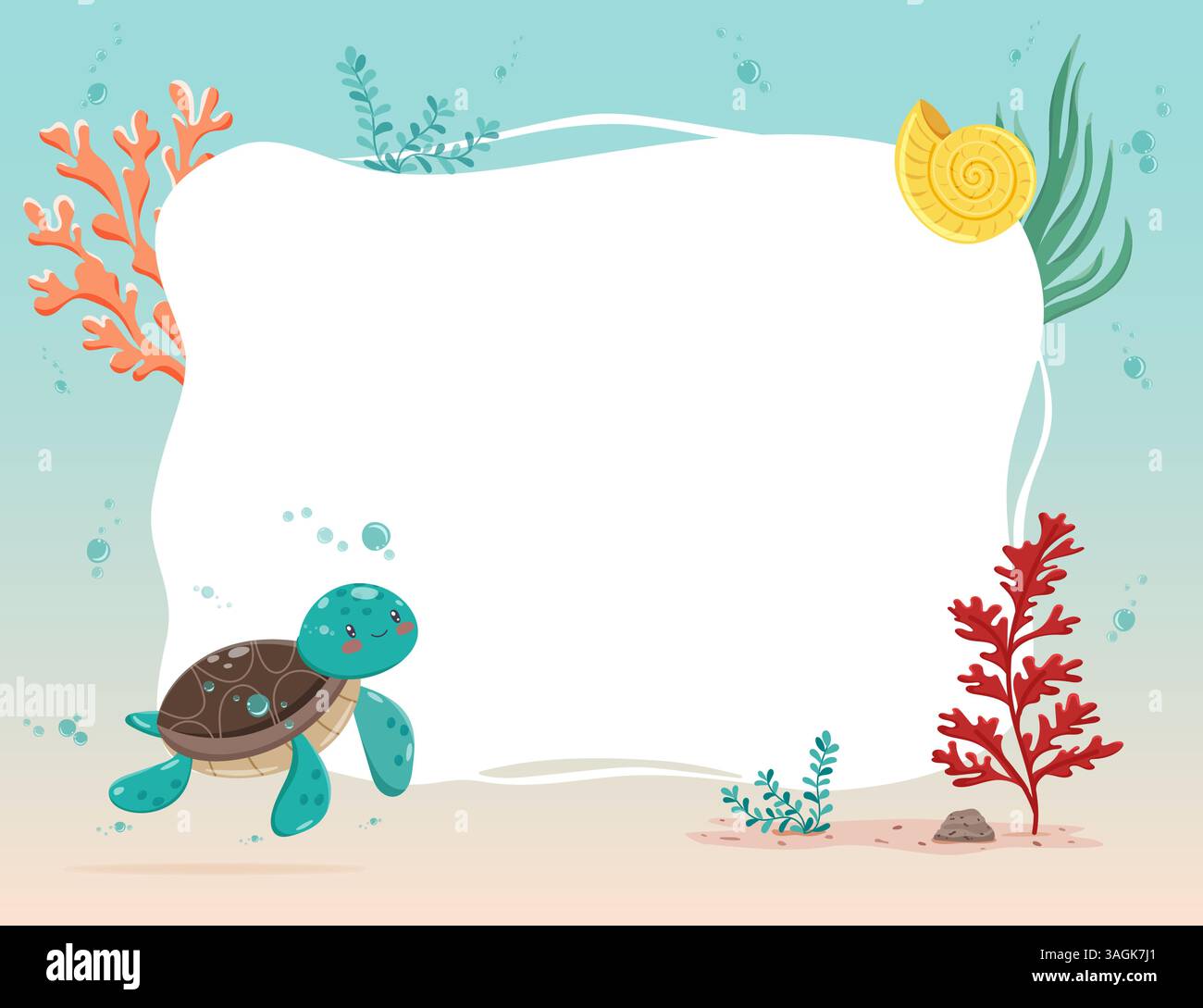 Vector frame with turtle and sea elements, isolated on white Stock ...