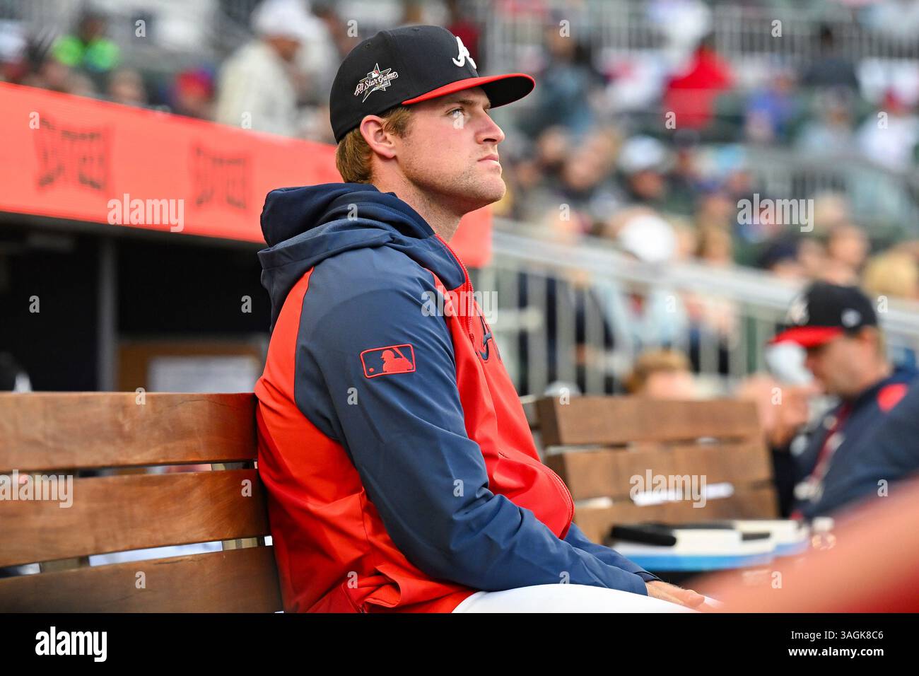 ATLANTA, GA – APRIL 08: Atlanta pitcher Bryce Elder (55) looks on from the dugout during the MLB ...