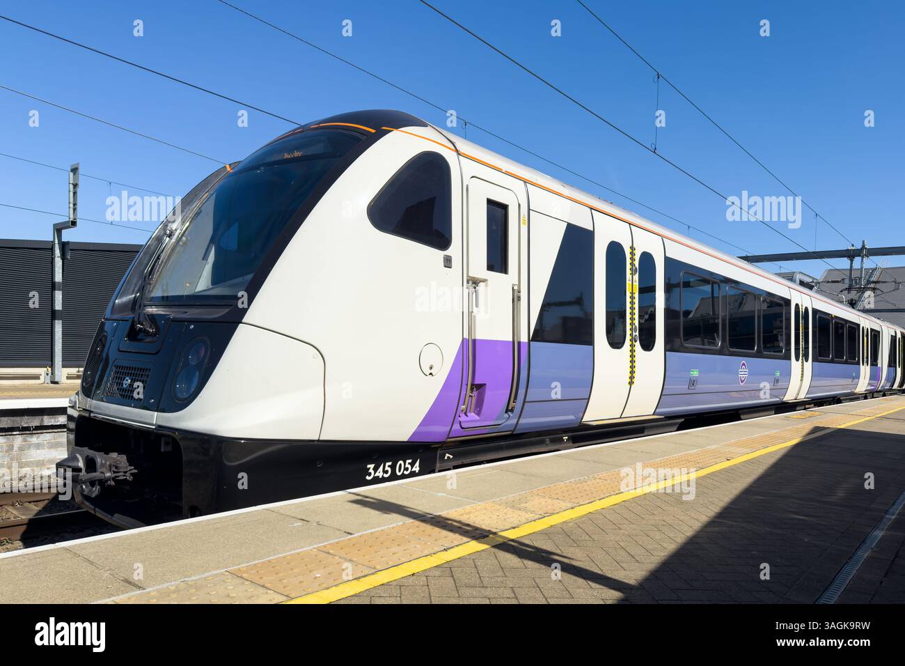 Reading, UK - April 1, 2025; Elizabeth Line class 345 train electric multiple unit at platform ...