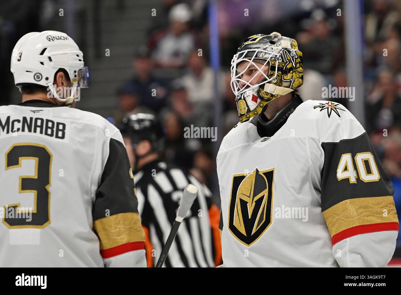 Vegas Golden Knights defenseman Brayden McNabb (3) and goaltender Akira ...