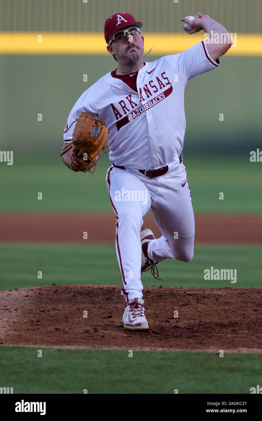 April 8, 2025: Razorback pitcher Colin Fisher (38) prepares to deliver ...