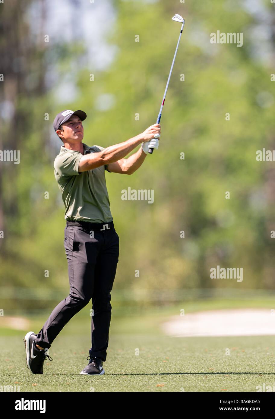 250408 Viktor Hovland of Norway during a practice round prior to the 2025 Masters Golf ...