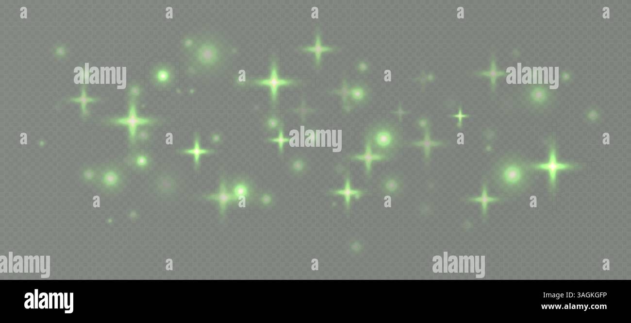 Green sparkling stars, shiny particles light effect, transparent flying ...