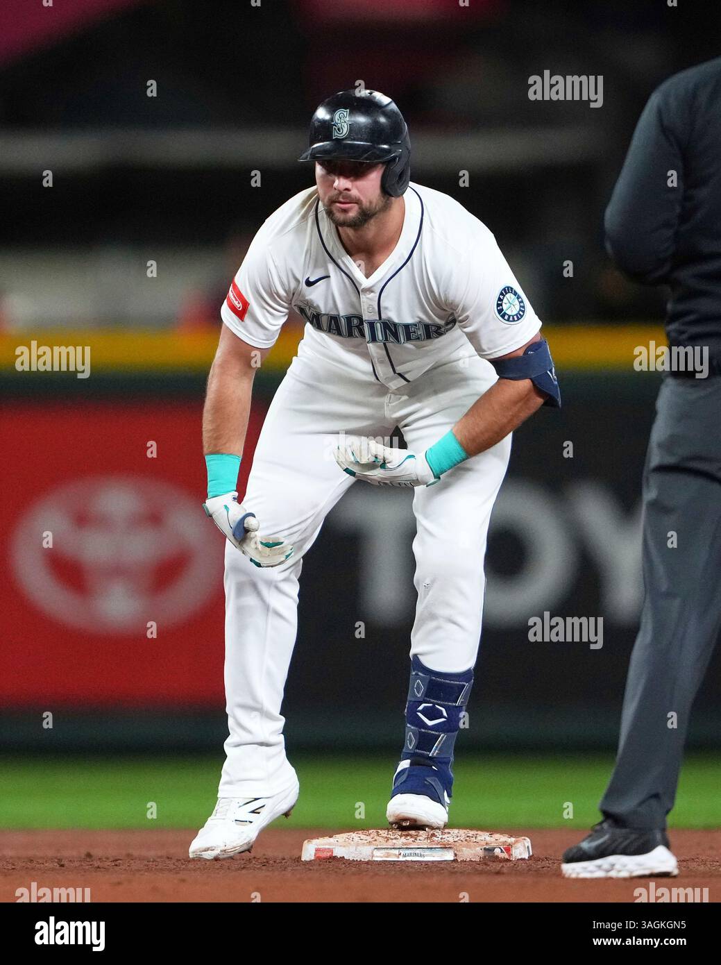 Seattle Mariners designated hitter Cal Raleigh reacts after hitting a ...
