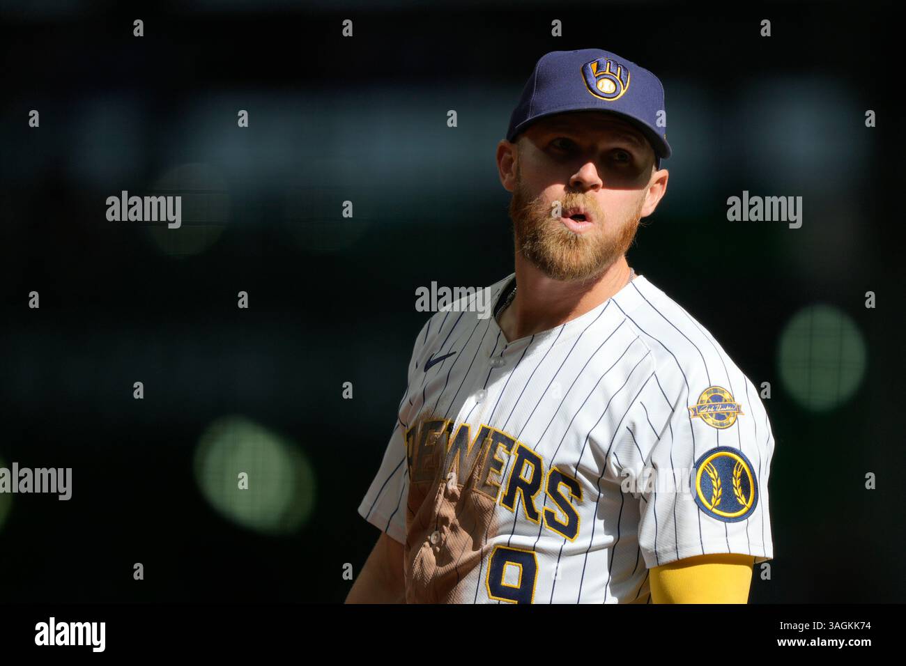 Milwaukee Brewers' Jake Bauers looks on during the ninth inning of a ...
