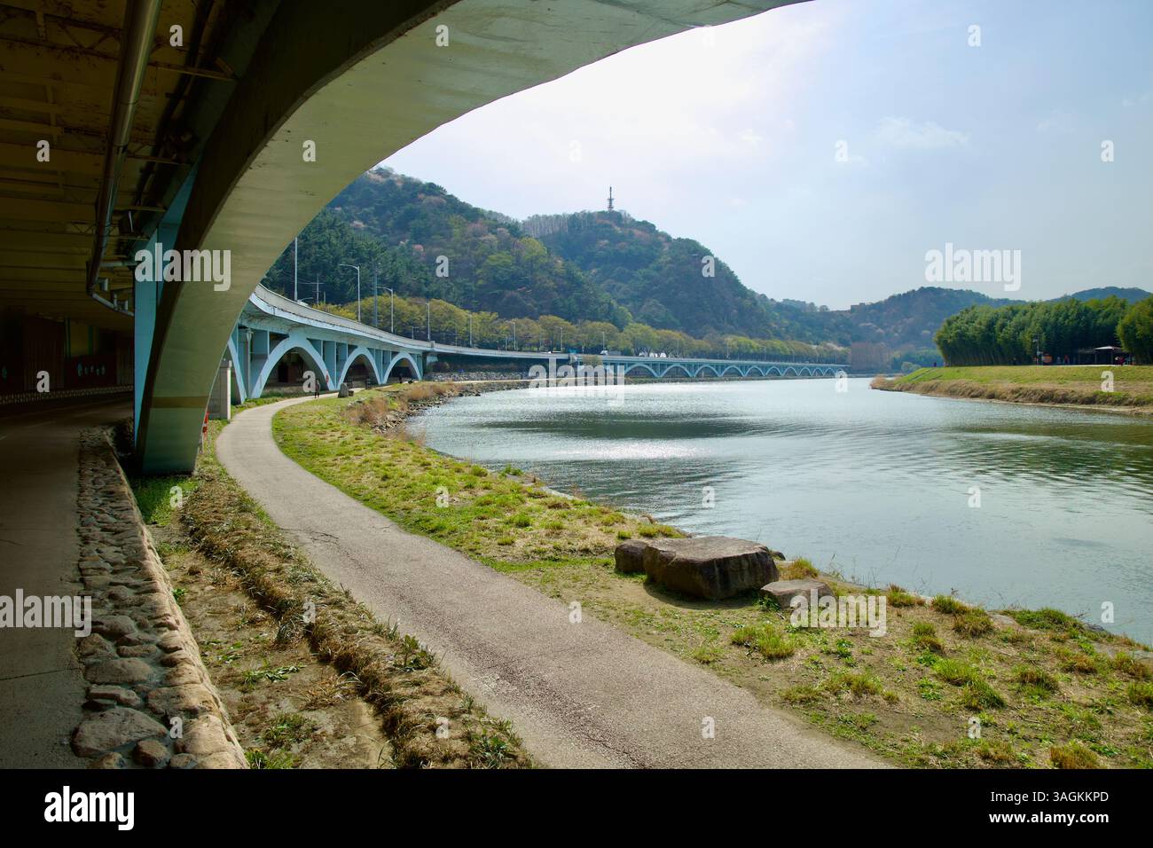 Ulsan City, South Korea - March 31st, 2025: A riverside walking path ...