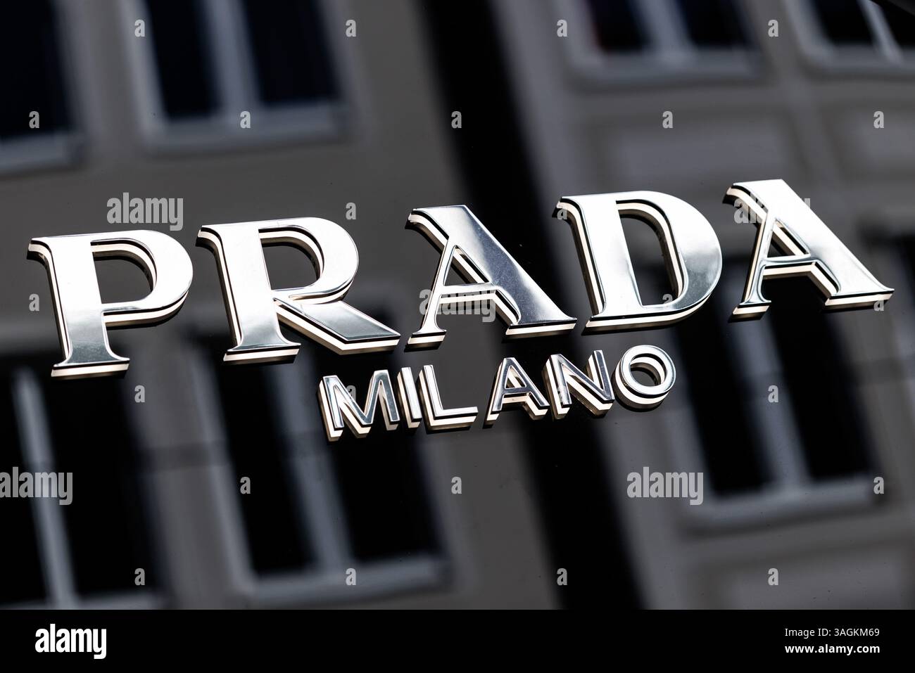 06 April 2025, Bavaria, Munich: The logo and lettering of the Prada ...