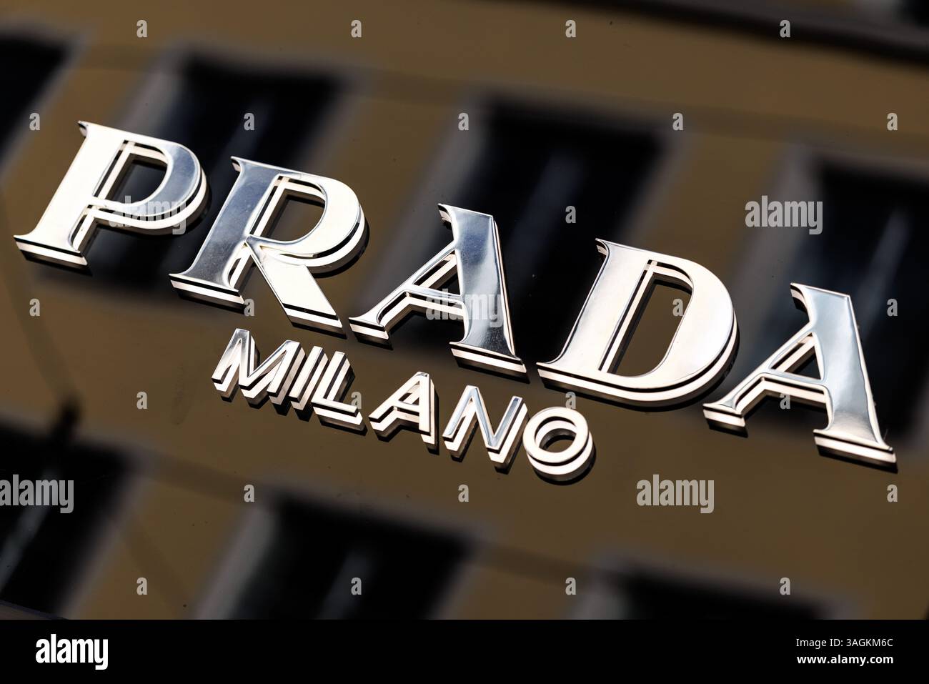 06 April 2025, Bavaria, Munich: The logo and lettering of the Prada ...