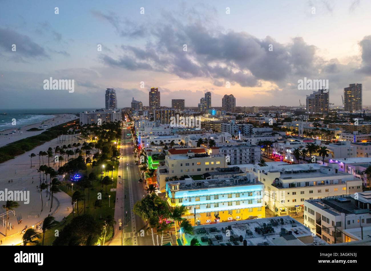 Miami Beach sunset aerial view. Downtown Miami skyline at dusk. South ...