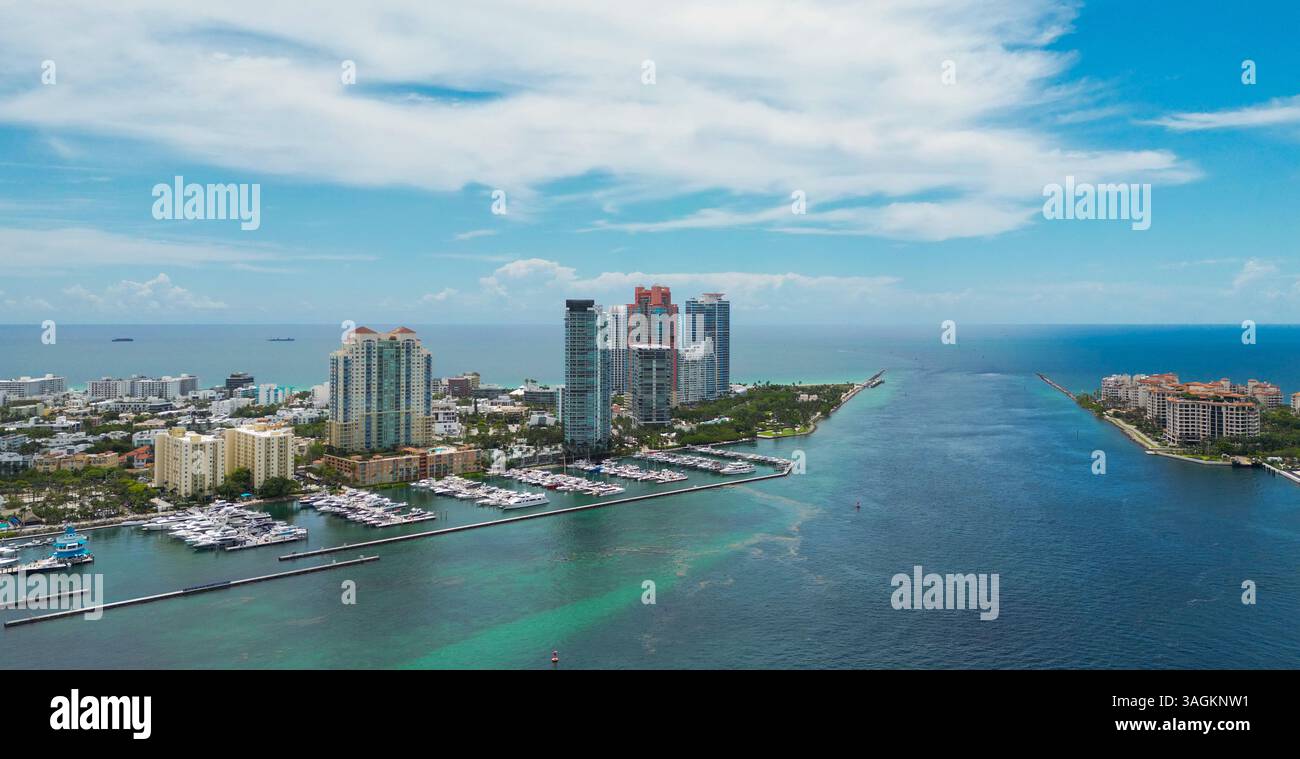 Miami Beach city from top. South Beach from above. Drone of coastline ...