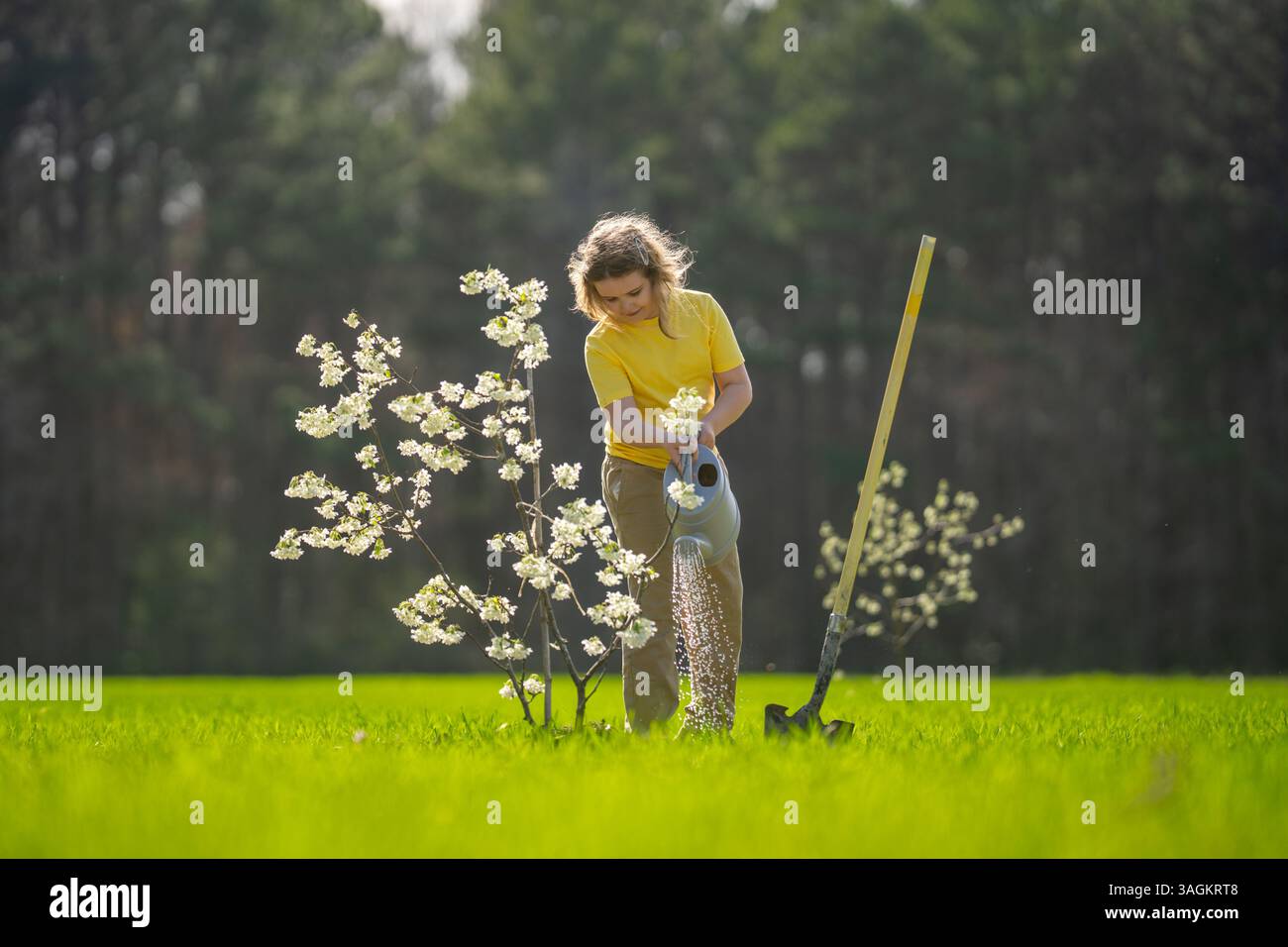 Kid plant a tree in garden. Kid digging soil with shovel and plant tree ...