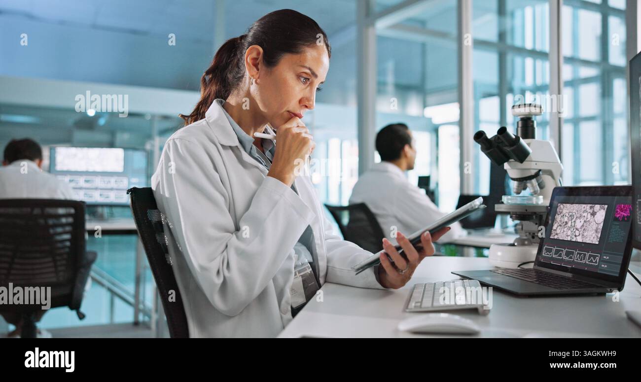 Science, tablet and thinking with woman in laboratory for healthcare ...