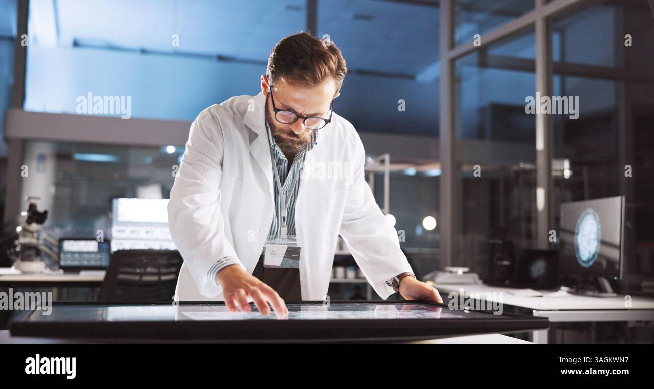 Scientist, man and thinking with screen for lab review, medical ...