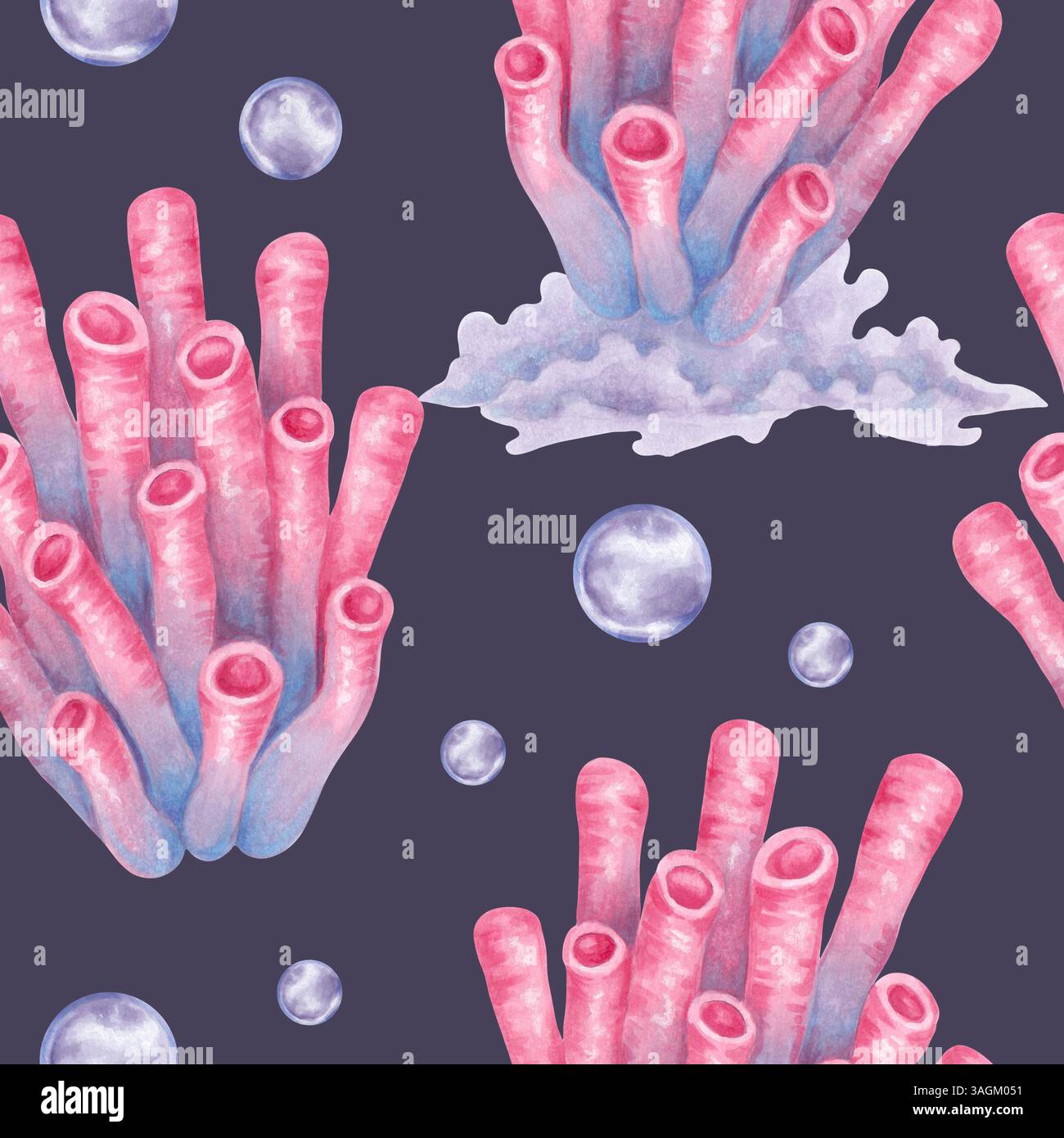 Seamless pattern of tube coral with water bubbles. Watercolor ...