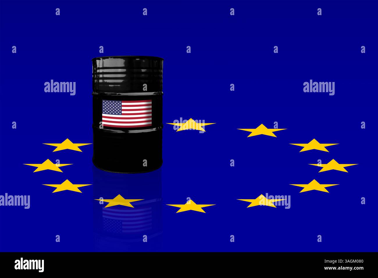 Crude oil barrel with US flag on a EU flag background. Crude oil prices ...