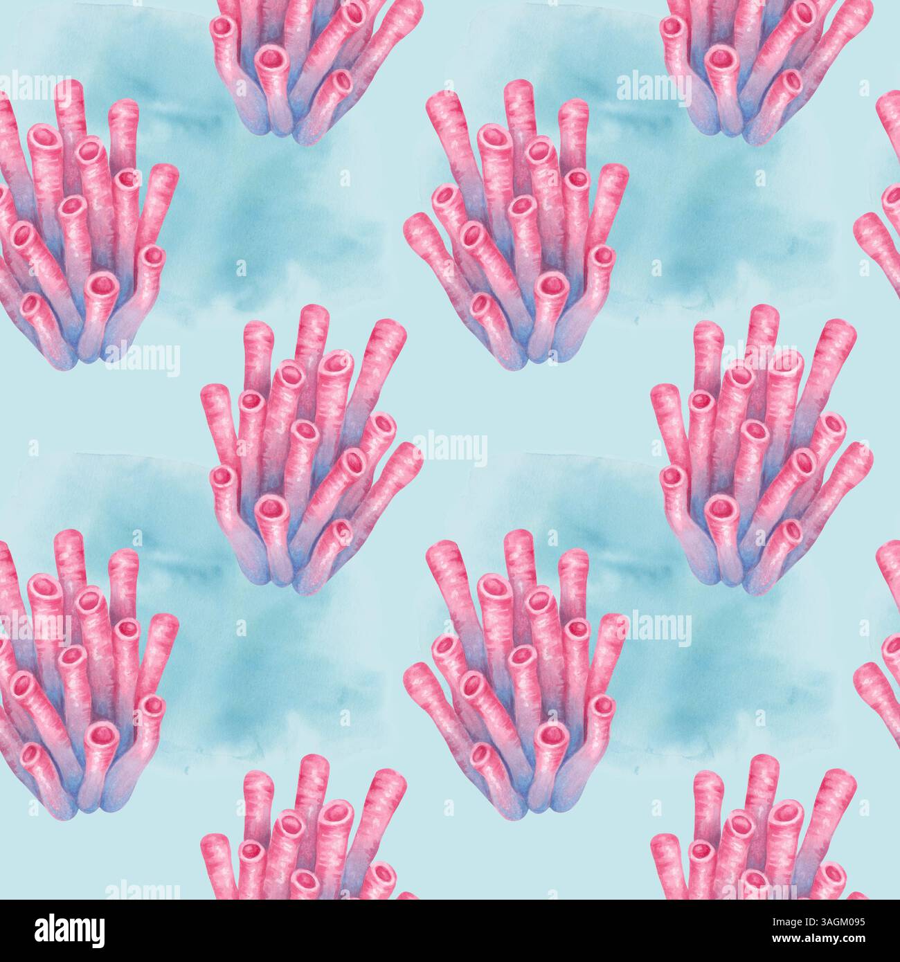 Tubular coral on blue spot. Seamless pattern. Watercolor and marker ...