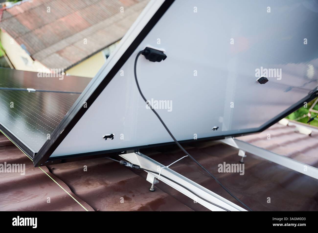 Underside of solar panel, connectivity elements and mounting structure ...