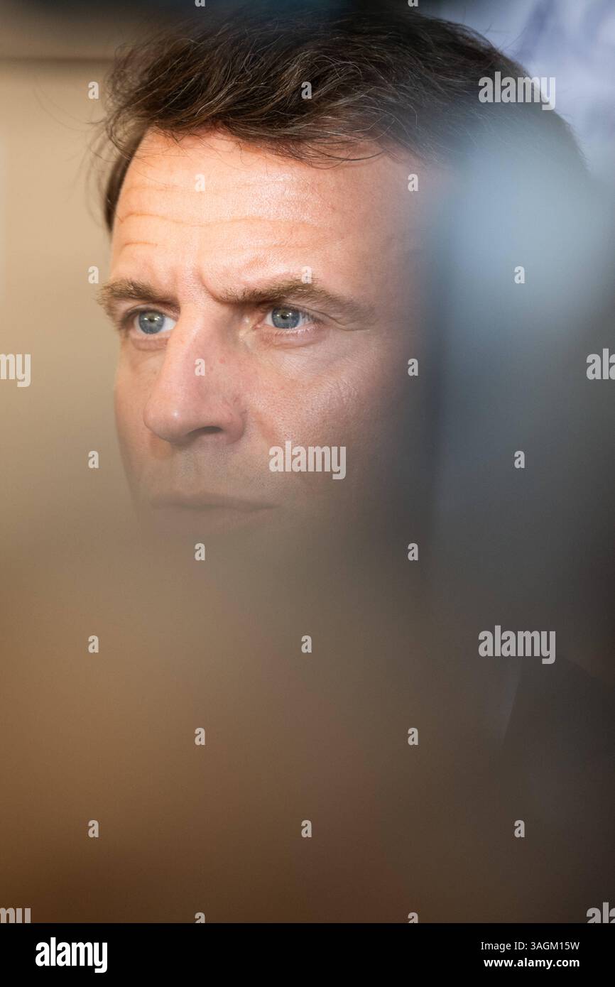 French President Emmanuel Macron delivers a speech to media during his ...