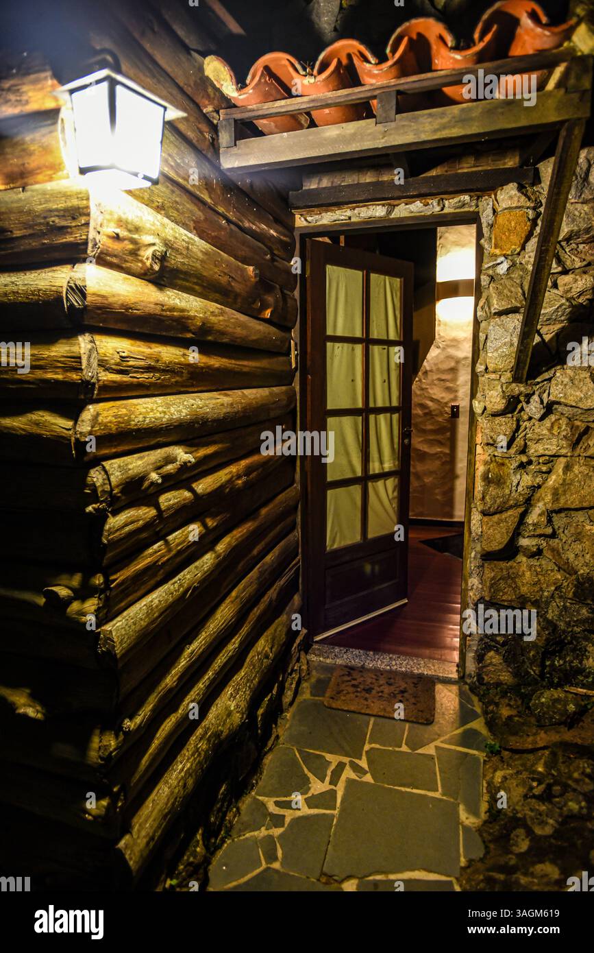 Rustic Wooden Cabin Entrance at Night in Brazil Stock Photo - Alamy