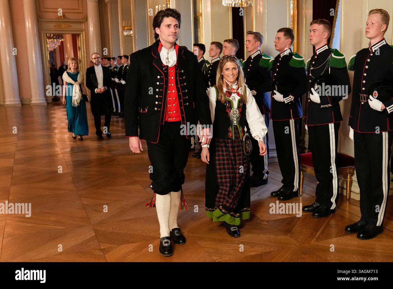 Oslo 20250408. Therese Johaug and Nils Jakob Hoff on their way to a ...