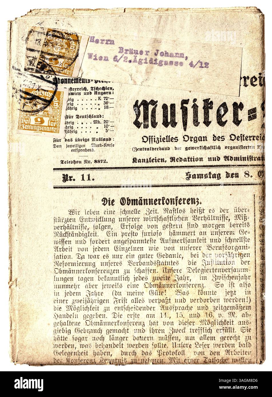 1920s Austrian newspaper with cancelled postage stamps for mailing ...