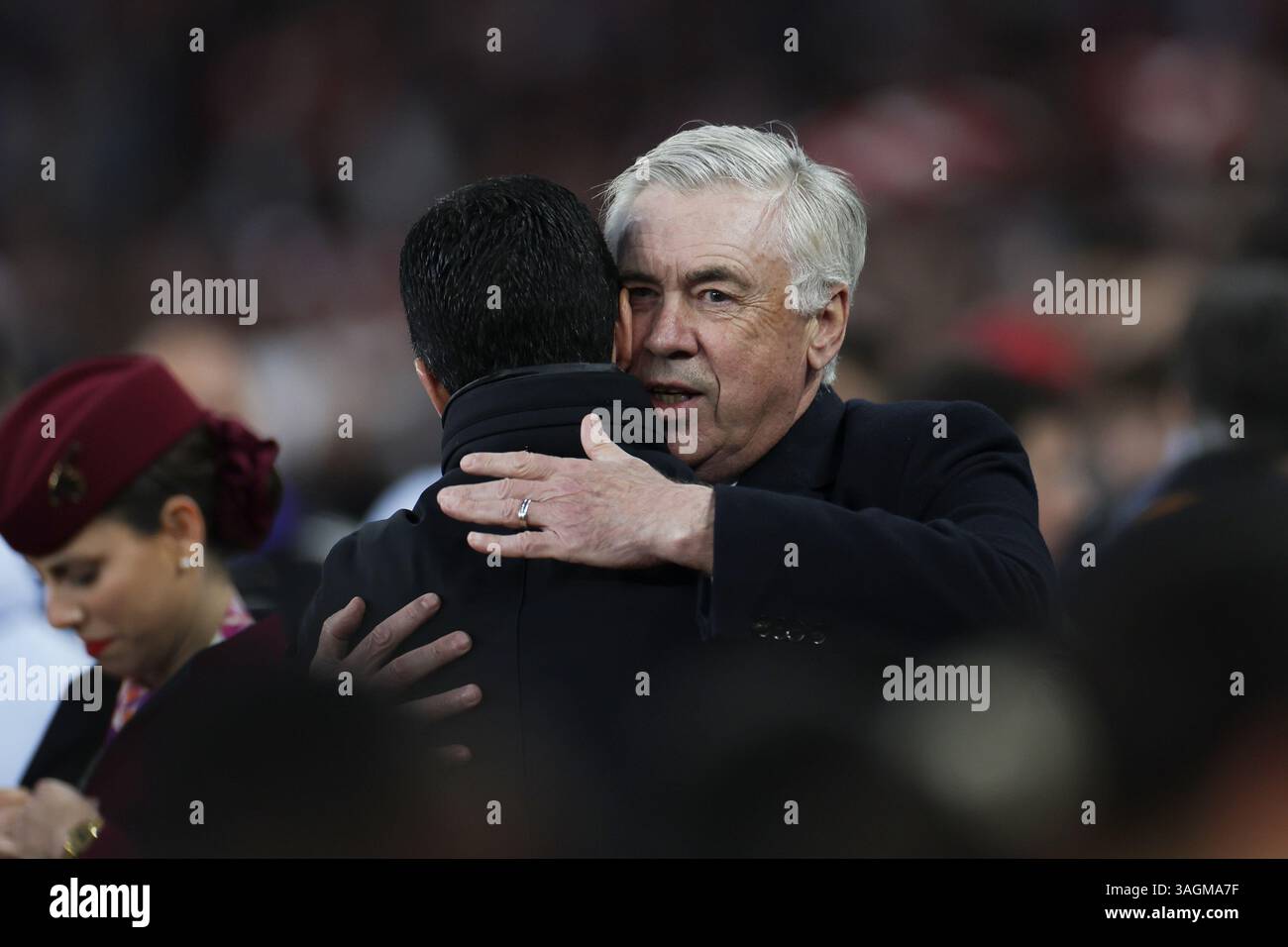 Carlo Ancelotti, head coach of Real Madrid, greets Mikel Arteta, head coach of Arsenal ahead of ...