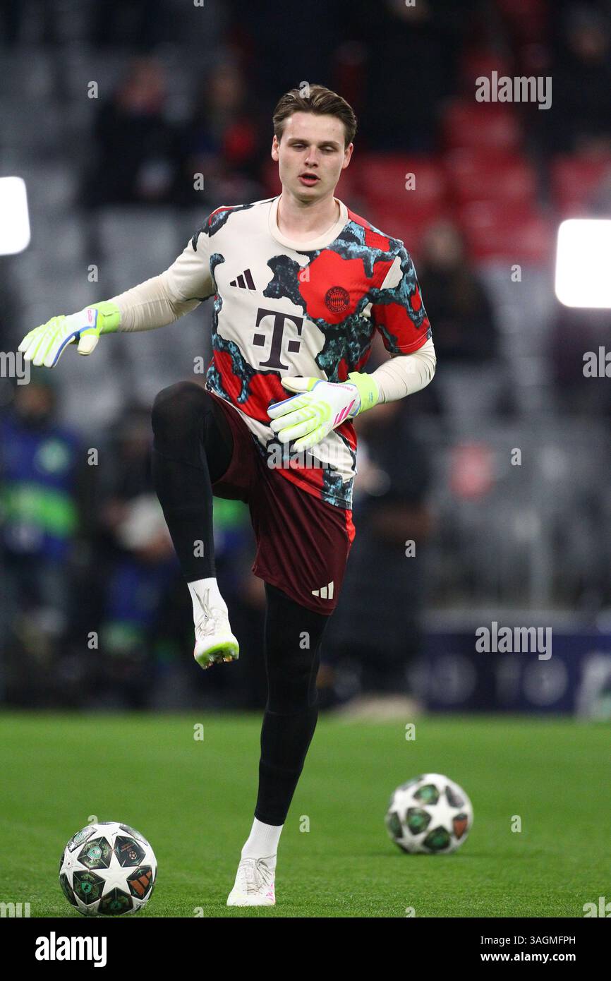 München , Germany. 8th April 2025. Jonas Urbig of Bayern is seen during ...
