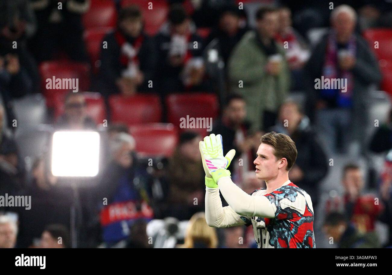 München , Germany. 8th April 2025. Jonas Urbig of Bayern is seen during ...