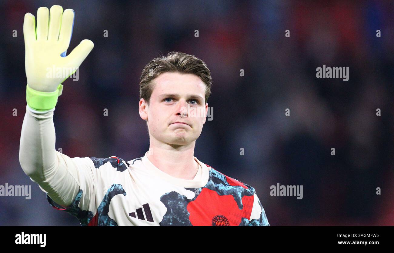 München , Germany. 8th April 2025. Jonas Urbig of Bayern is seen during ...