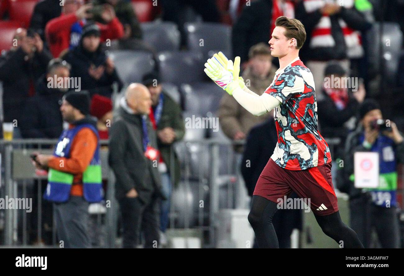 München , Germany. 8th April 2025. Jonas Urbig of Bayern is seen during ...
