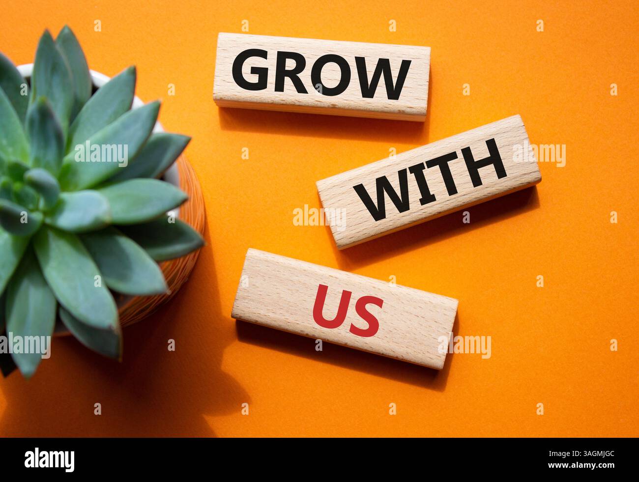 Grow with us symbol. Wooden blocks with words Grow with us. Beautiful ...