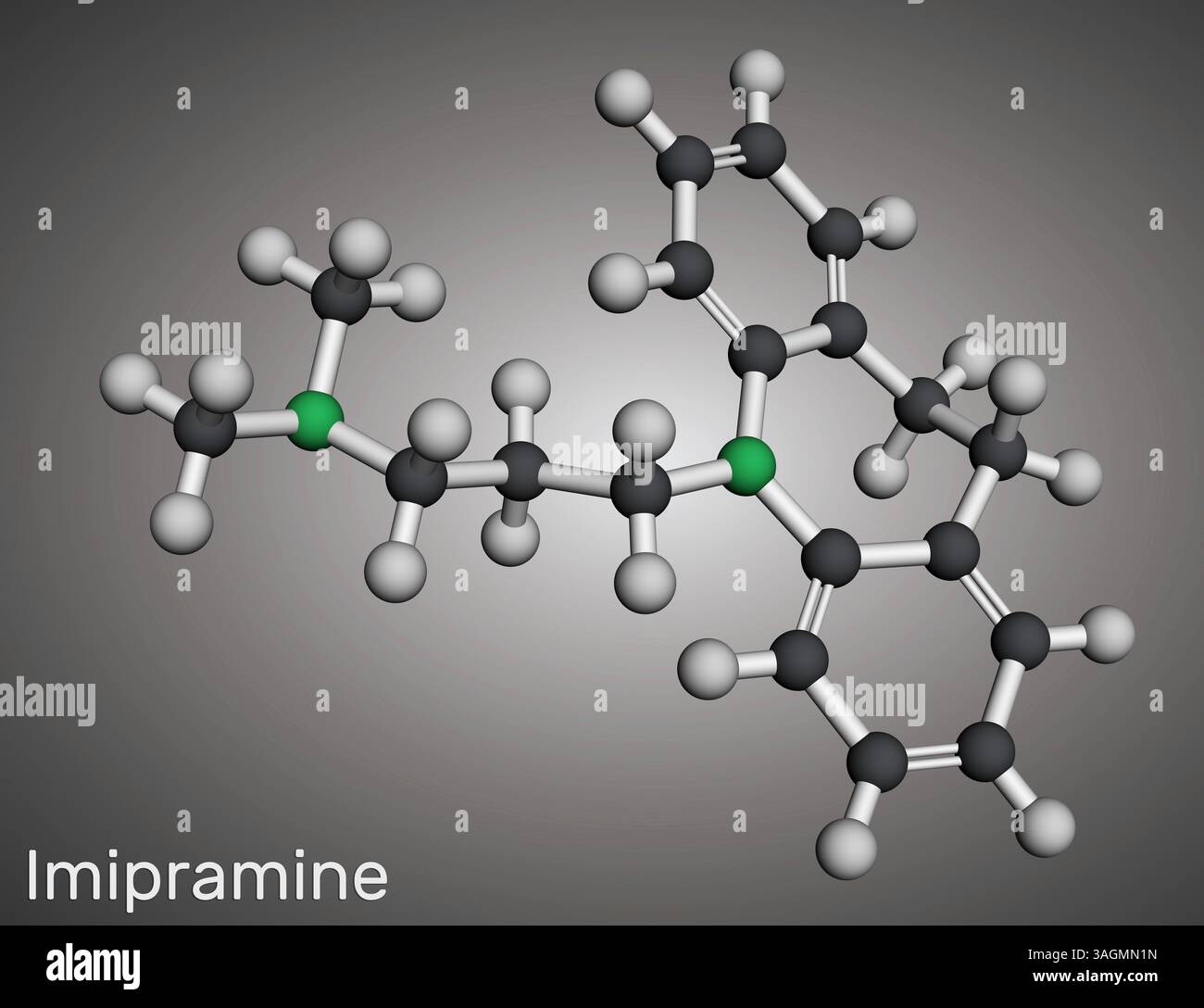 Imipramine molecule. Tricyclic antidepressant, TCA for treating ...