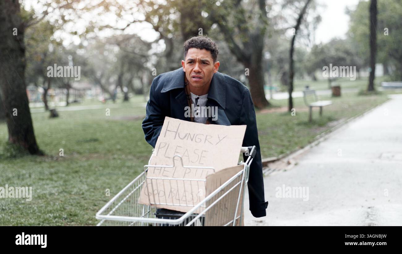 Homeless, person and begging with cardboard in shopping cart for ...