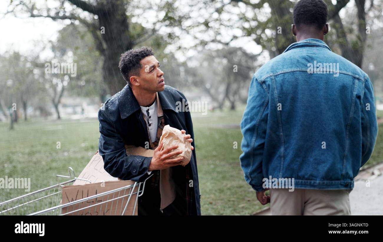 Homeless man, shopping cart and begging for food with brown paper bag ...