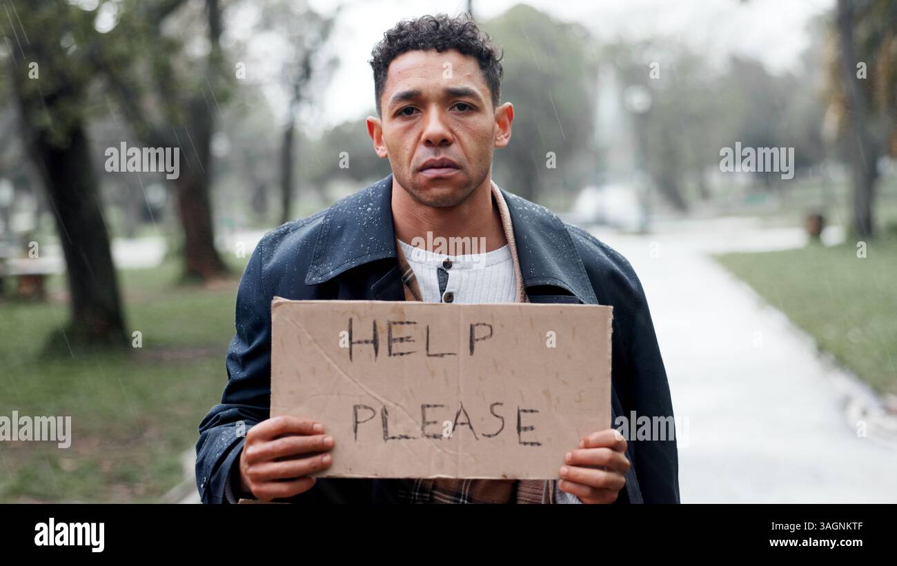 Homeless man, cardboard and sign for help in portrait for poverty ...