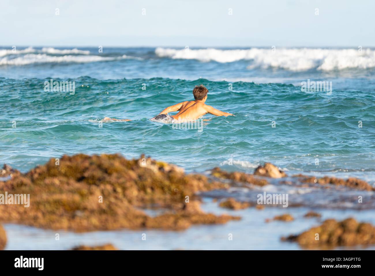 Surfer rides tropical wave at sunny beach, capturing summer fun, ocean ...