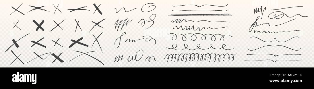 Handdrawn highlight lines and cross marks set - various sketchy doodle ...
