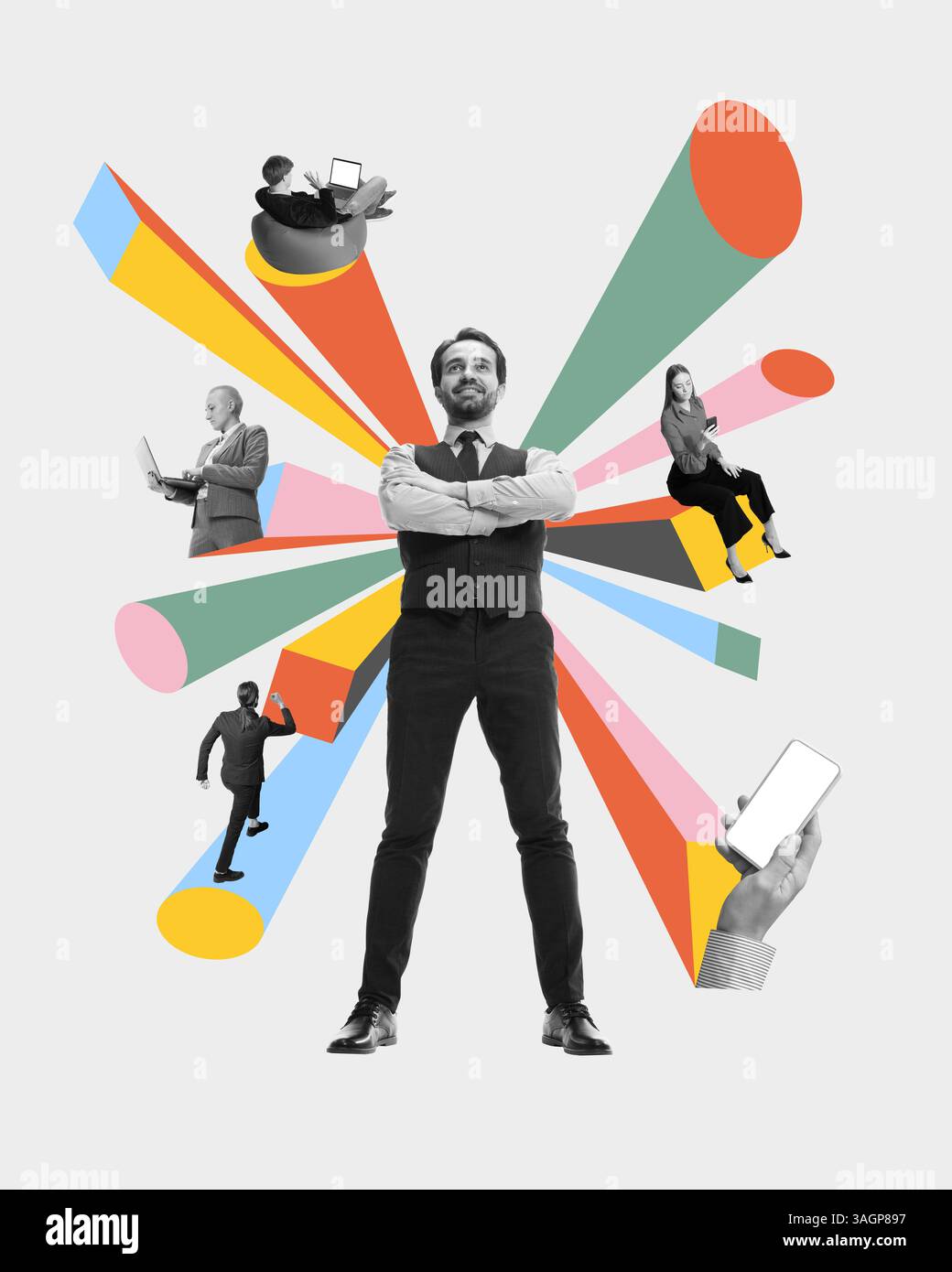 Creative collage. Confident businessman standing in center with ...