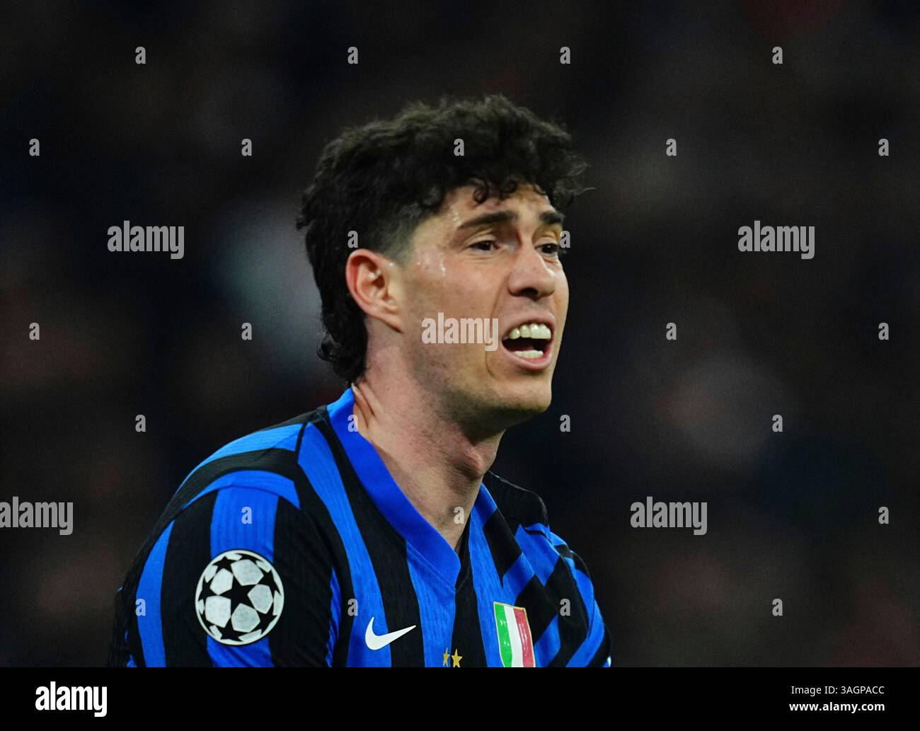 April 08 2025: Alessandro Bastoni of Inter Milan gestures during a ...