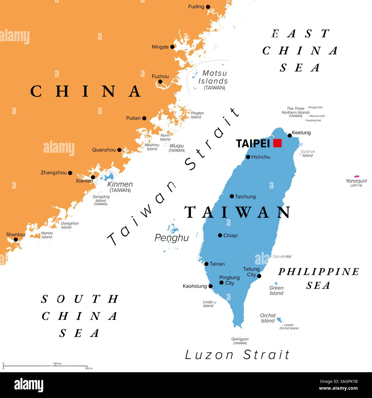 Taiwan Strait, multi colored political map. Important waterway and ...